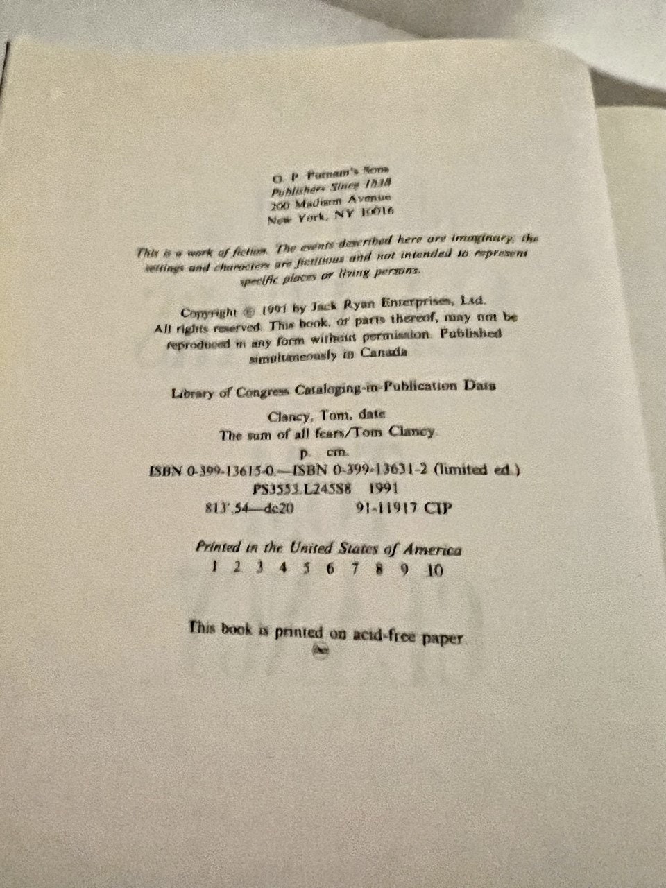 Tom Clancy the Sum of All Fears - First Edition - 1991 - Etsy