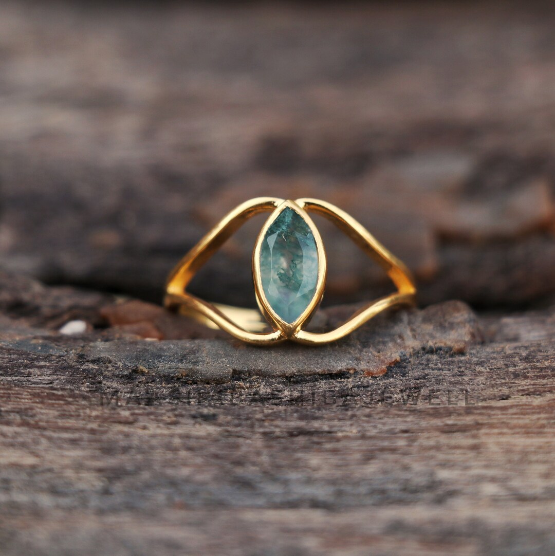 Natural Moss Agate Ring, Marquise Bezel Ring, 18k Gold Plated Ring ...