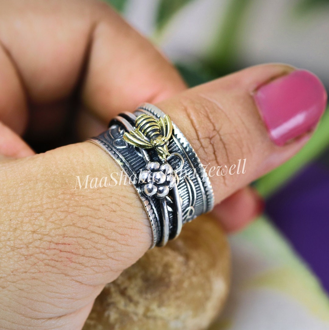 Honey Bee Spinner Ring, Flower Spinner Ring, 925 Sterling Silver Ring ...