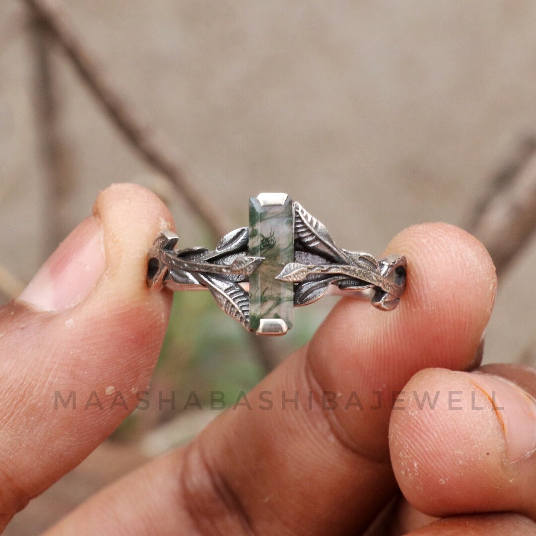 Green Moss Agate Ring, Tree Branch Silver Ring, Celestial Ring, 925 ...