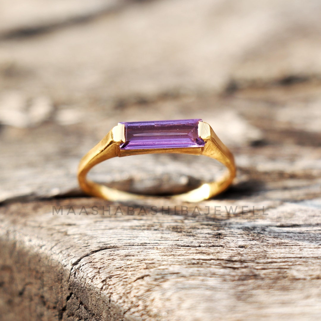 Natural Amethyst Ring, Rectangle Bar Gemstone Ring, 18k Gold Plated ...