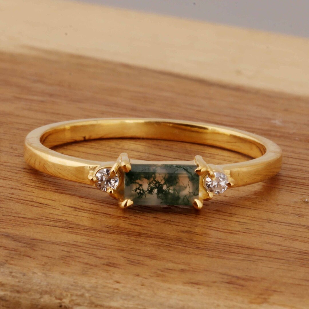 Moss Agate Baguette Ring, 18k Gold Vermeil Ring, Minimalist Ring ...