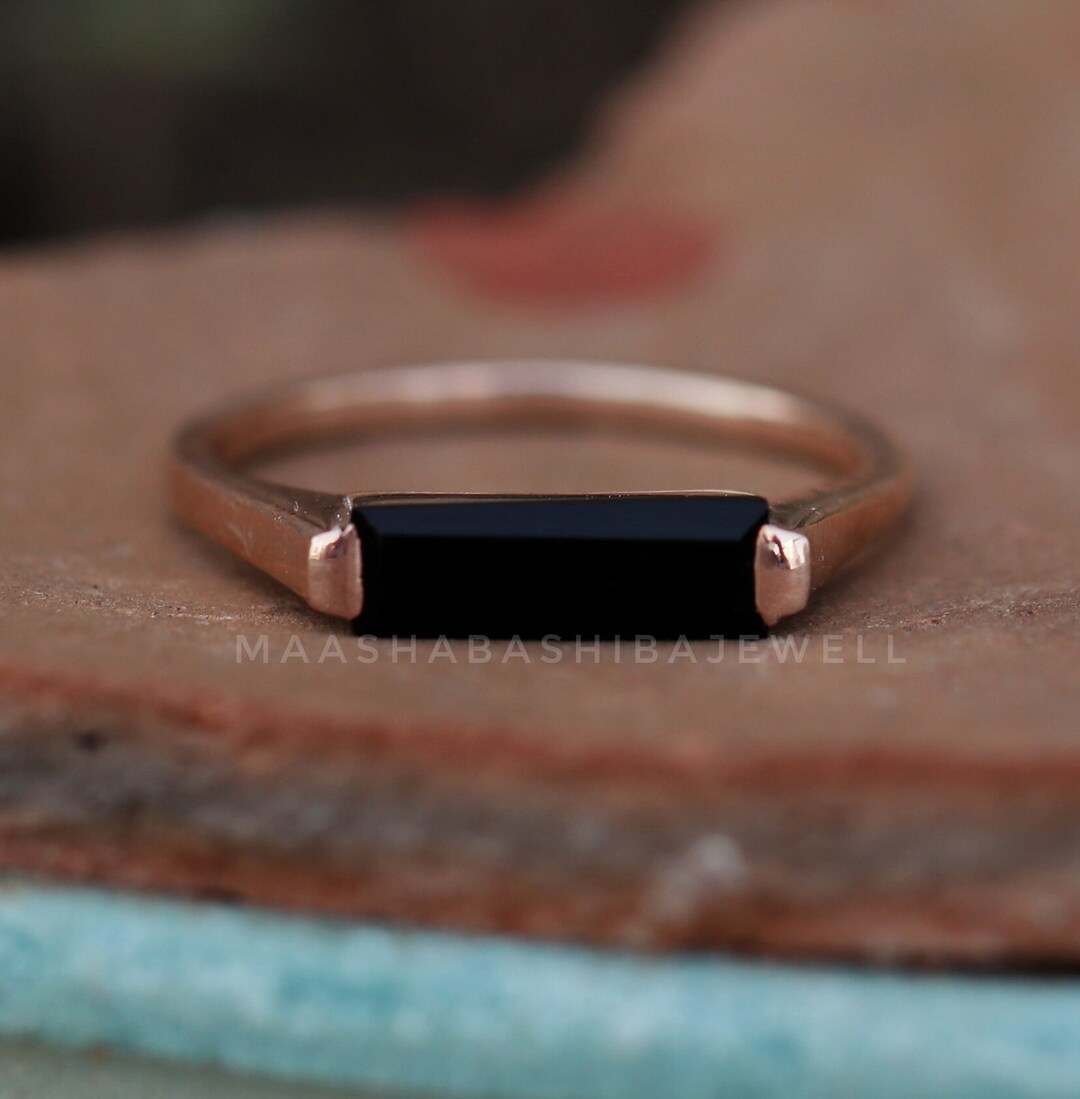 Black Onyx Hydro Ring, Engagement Ring, 18k Rose Gold Vermeil, Stackable Ring, Rectangular Stone ...