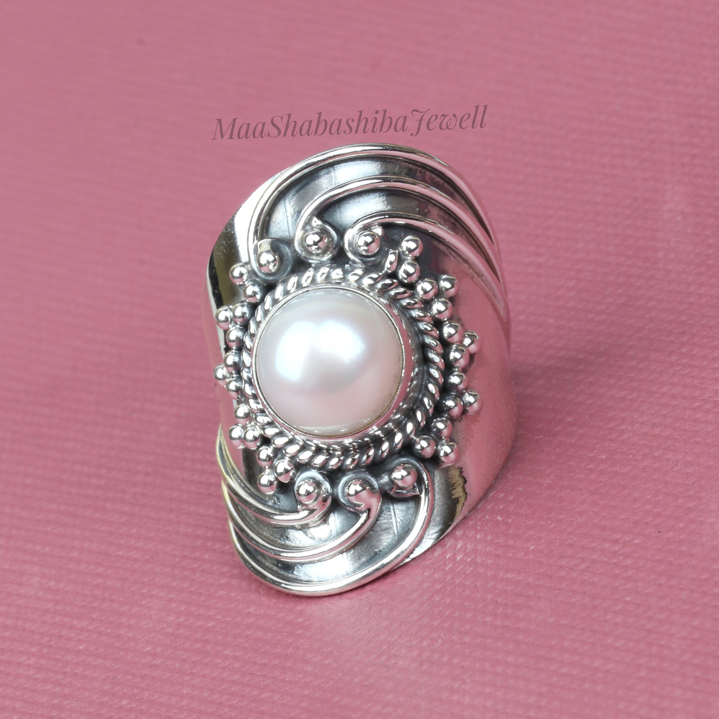 Natural Pearl Ring Wide Band Ring 925 Sterling Silver Ring Handmade Filigree Ring Fresh Water Pearl Jewelry Gift for Her Wedding Ring