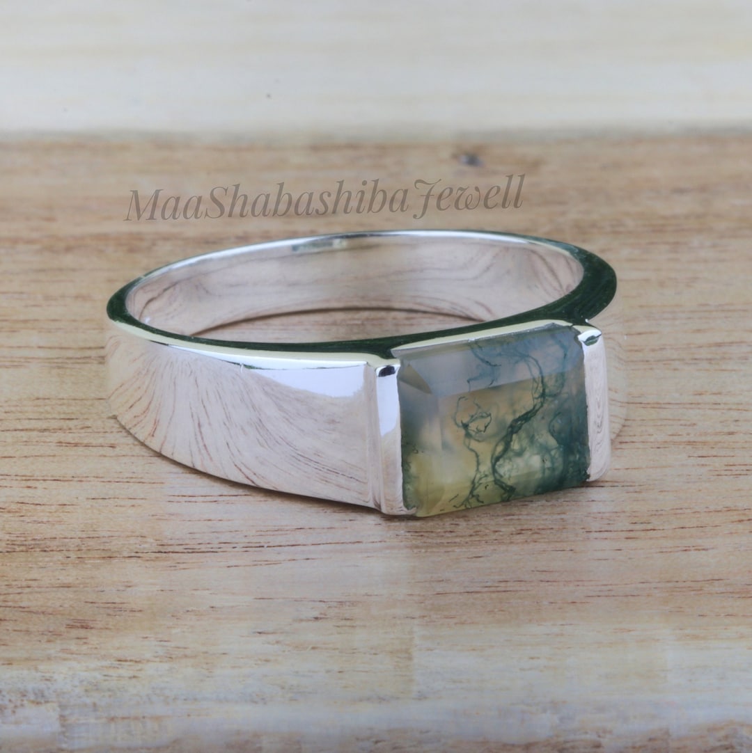 Moss Agate Ring, Men's Ring, 925 Sterling Silver Ring, Wedding Ring ...