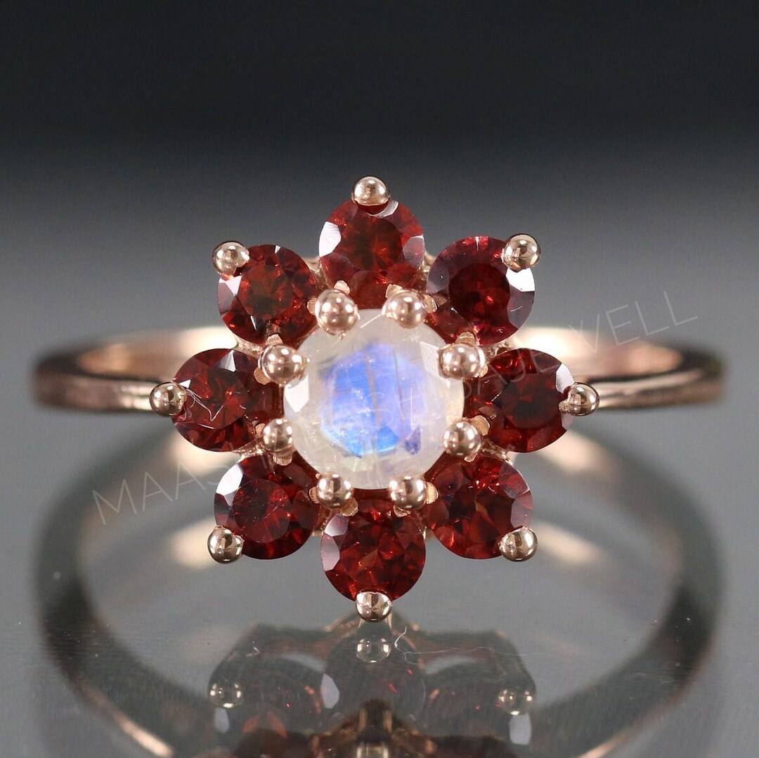 Rainbow Moonstone Garnet Ring, Sterling Silver Flower Stacking Ring - Etsy