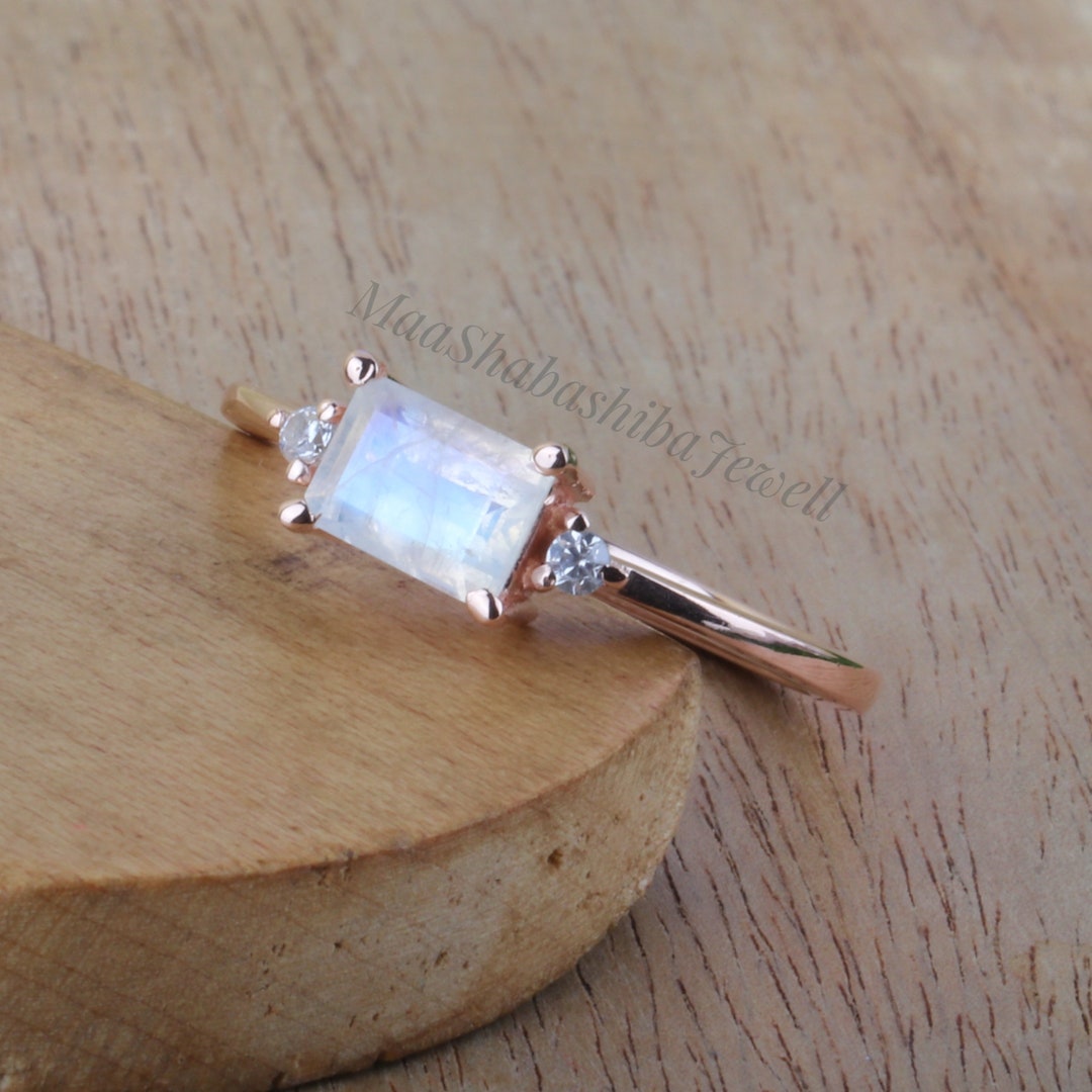 Emerald Cut Moonstone Ring, Natural Moonstone Ring, Engagement Ring ...