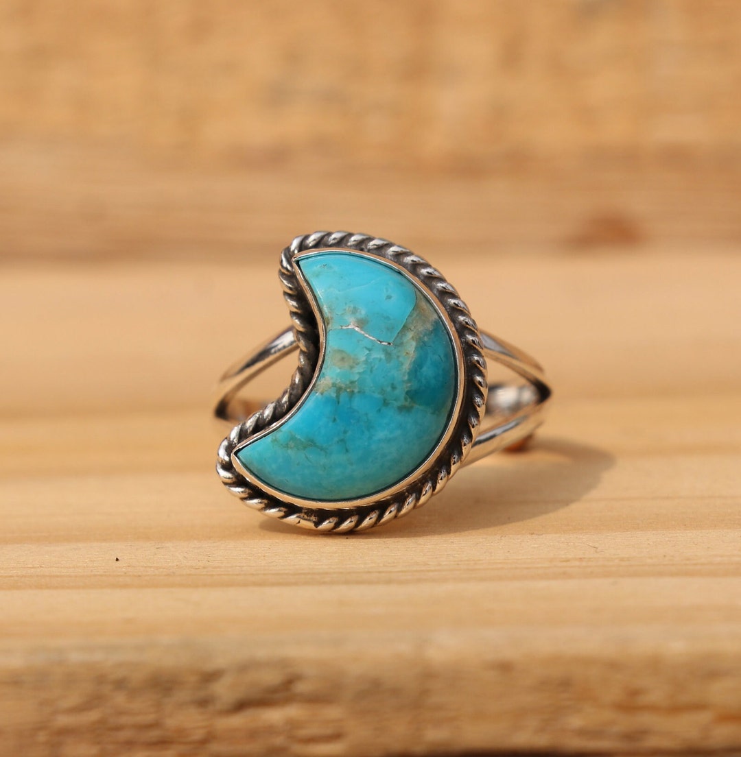 Genuine Turquoise Half Moon Ring, Handmade Silver Turquoise Ring, 925 Sterling Silver Ring ...