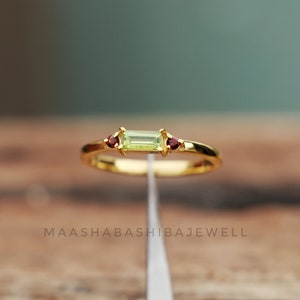 Natural Peridot & Garnet Ring, 18k Gold Vermeil Ring, Solitaire ...