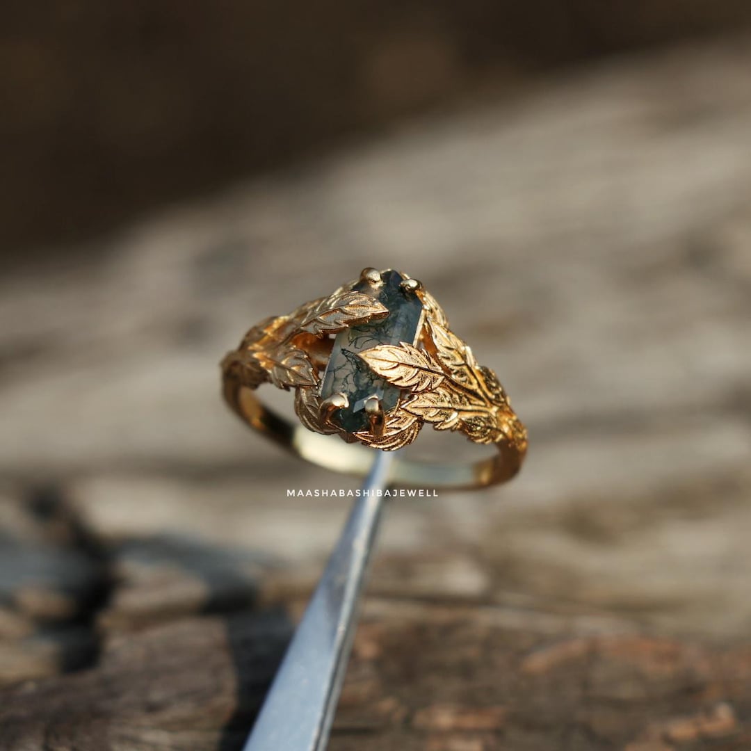 Moss Agate Leaves Ring, 18k Gold Plated Sterling Silver, Handmade ...