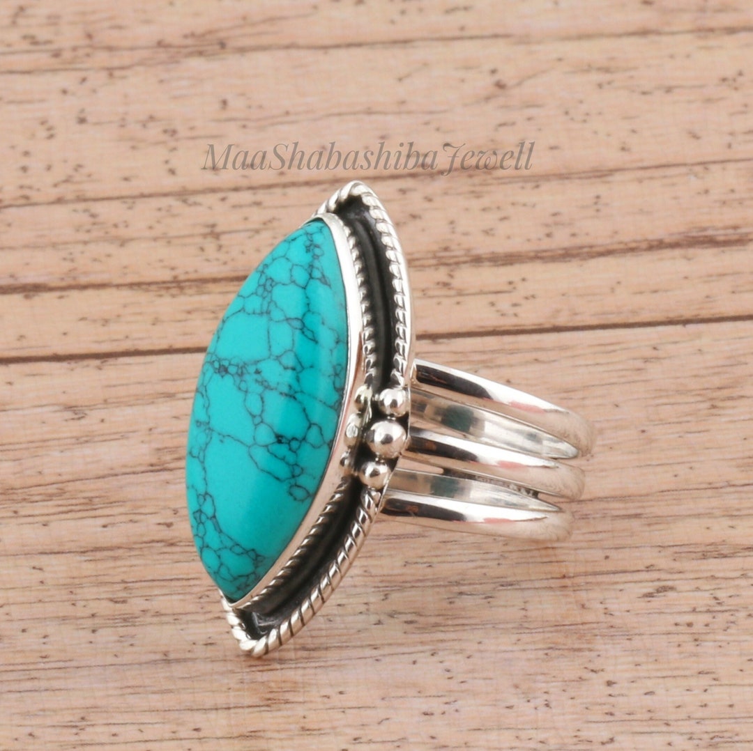 Natural Marquise Turquoise Ring, Gemstone Jewelry, 925 Sterling Silver ...