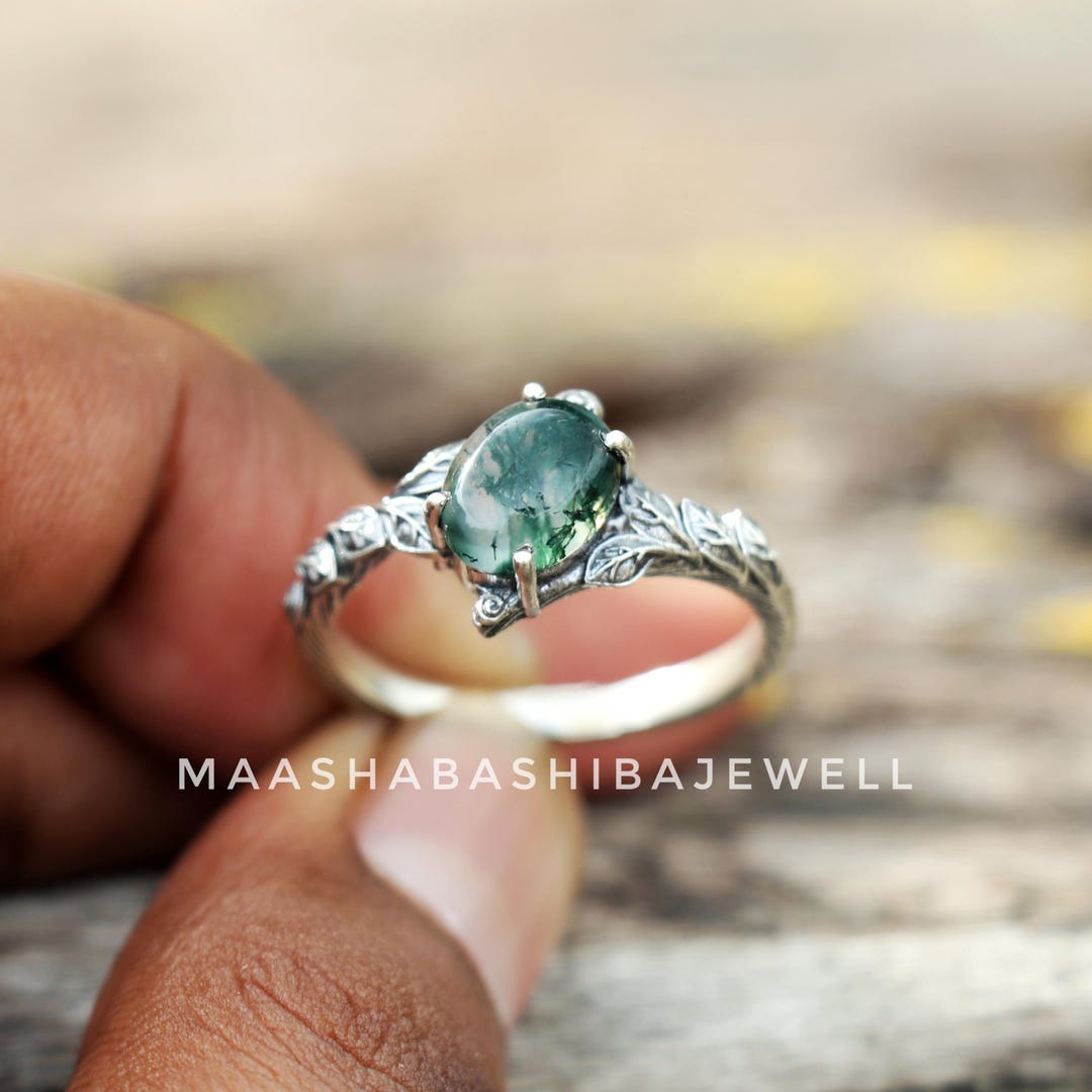 Silver Tree Leaves Ring, Moss Agate Ring, 925 Sterling Silver Ring ...