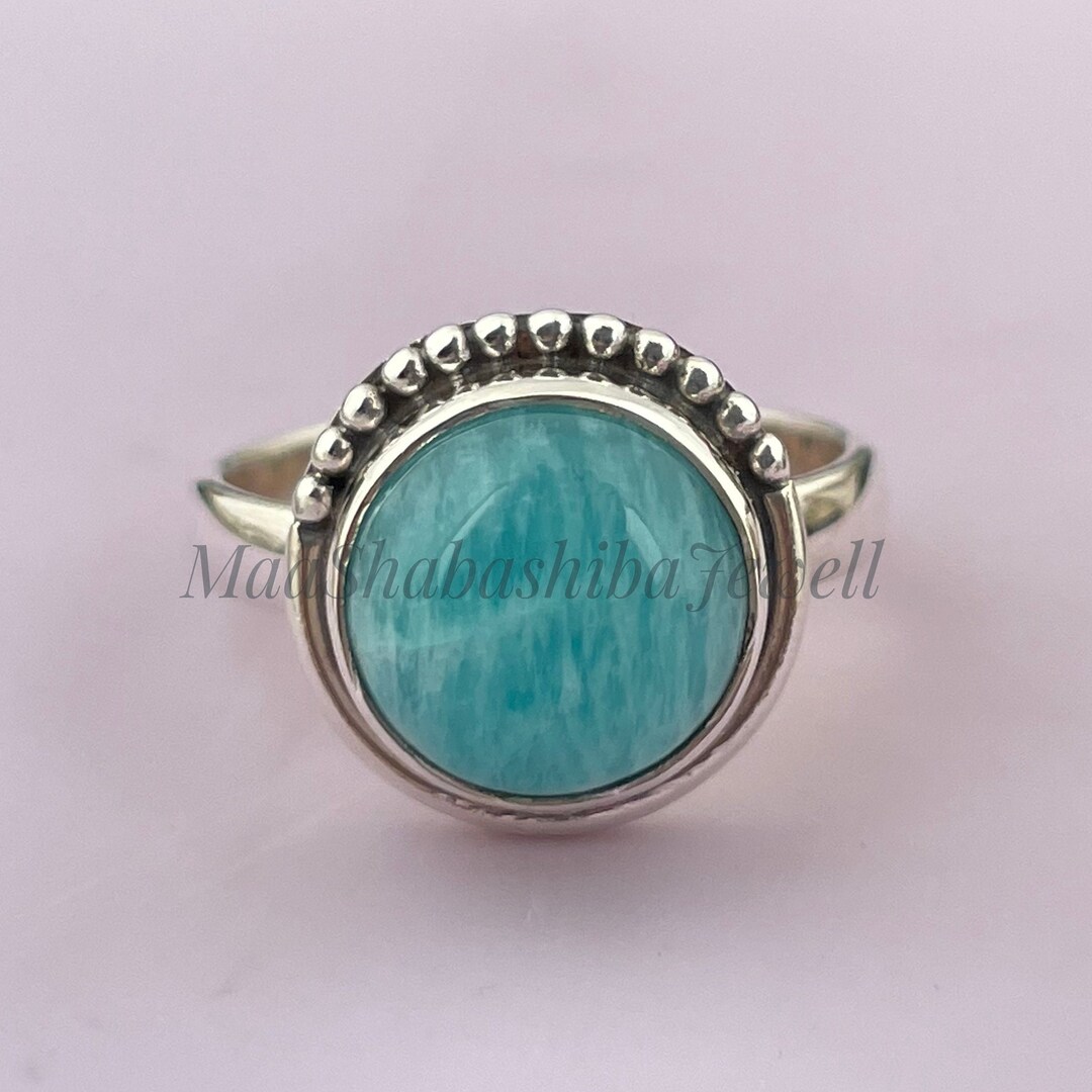 Amazonite Ring: Round Green Gemstone, 925 Sterling Silver, Boho ...