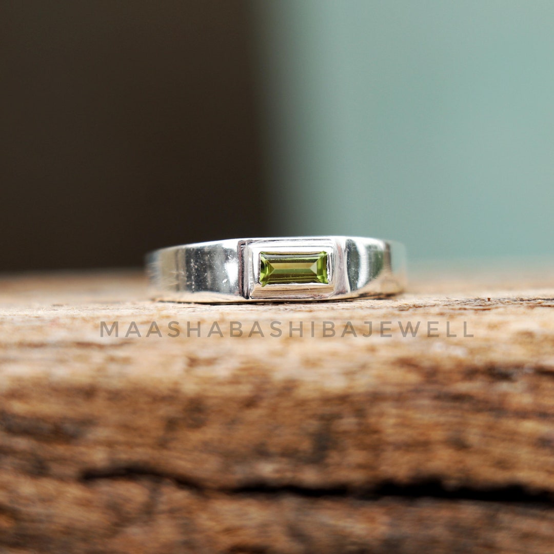 Natural Peridot Baguette Ring, Men's Signet Ring, Solitaire Ring, 925 ...