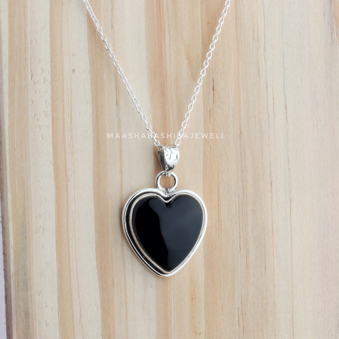 Natural Black Onyx Pendant Necklace, Vintage Heart Pendant for Her, 925 ...