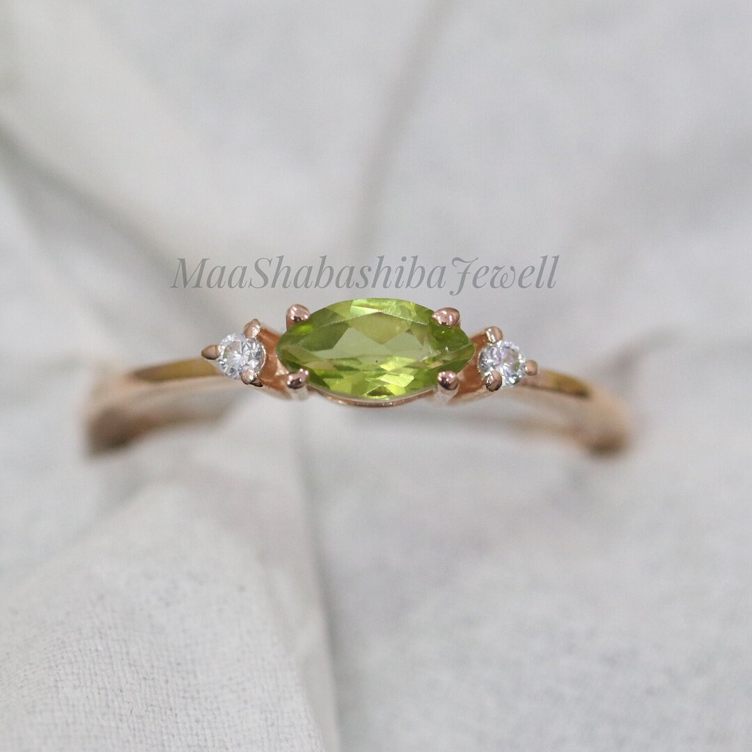 Marquise Cut Natural Peridot Ring, Engagement Ring, Rose Gold Ring ...