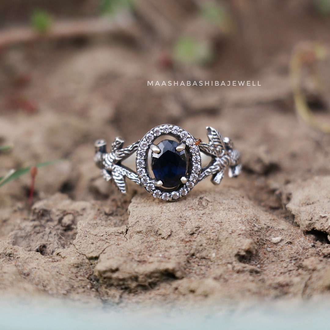 Blue Sapphire Tree Branch Ring, Handmade Sterling Silver Engagement ...