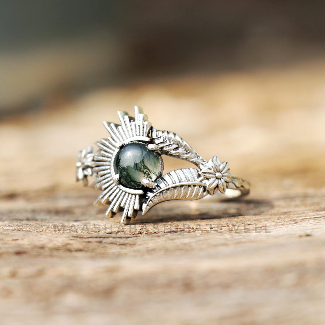 Natural Moss Agate Ring, Half Sunrise Moon Ring, 925 Sterling Silver ...
