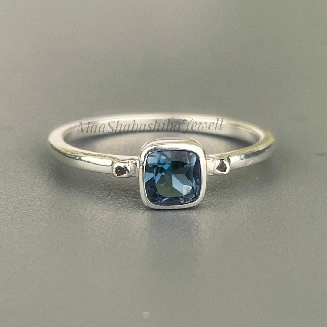 Natural London Blue Topaz Ring, Square Cut Blue Topaz Ring, 925 Silver ...