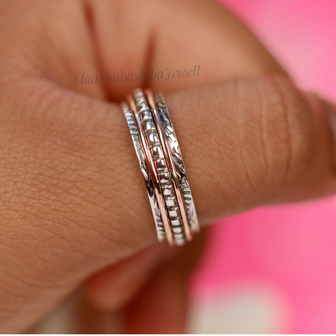 Spinner Ring, Two Tone Fidget Spinner Ring, 925 Sterling Silver Spinner Ring, Worry Anxiety Ring ...