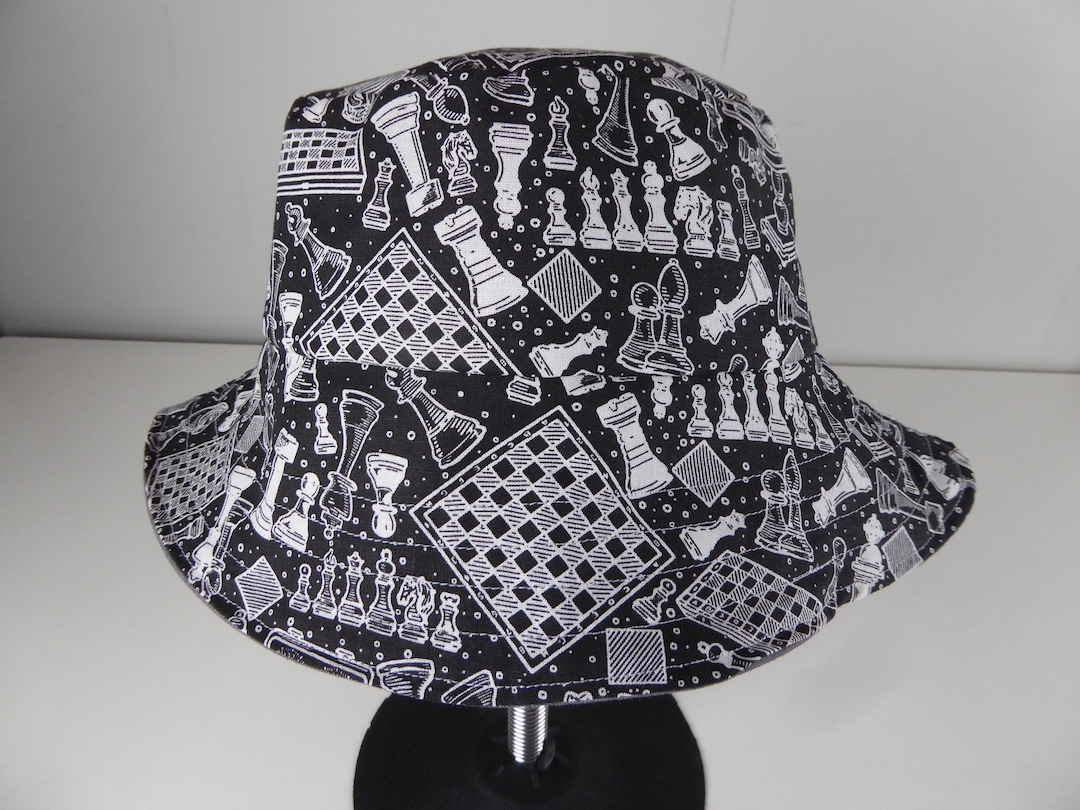 Chess Pieces Chessboard & Stretch Denim Reversible Bucket Hat ...