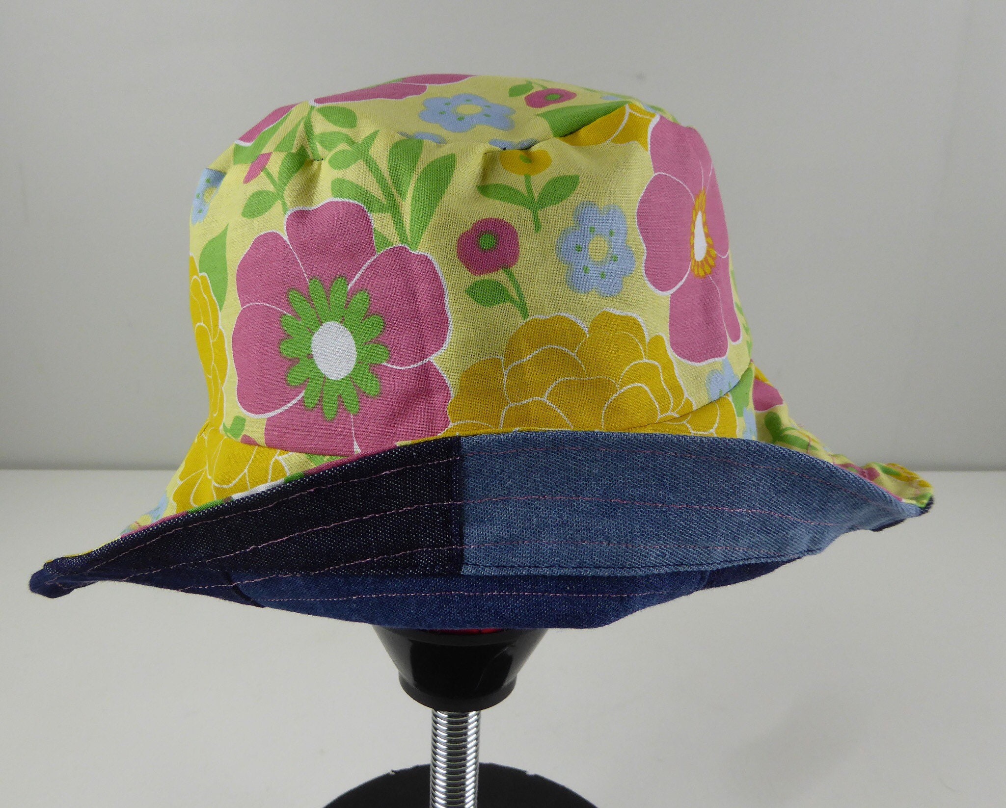Patchwork Cotton Denim and Floral Reversible Bucket Hat Spring - Etsy