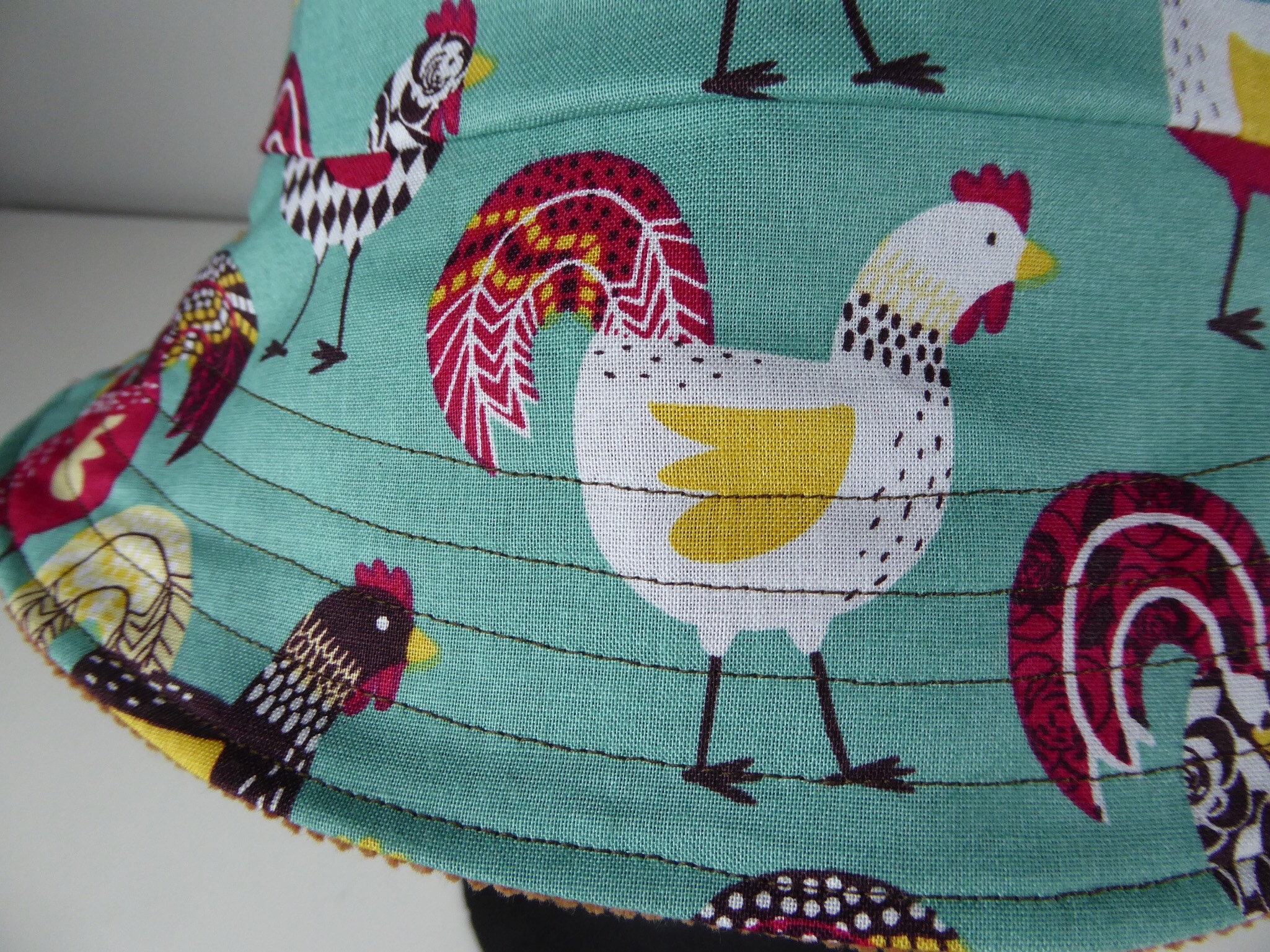 Reversible Bucket Hat Roosters Chickens Hen Argyle Pattern W Stretch ...