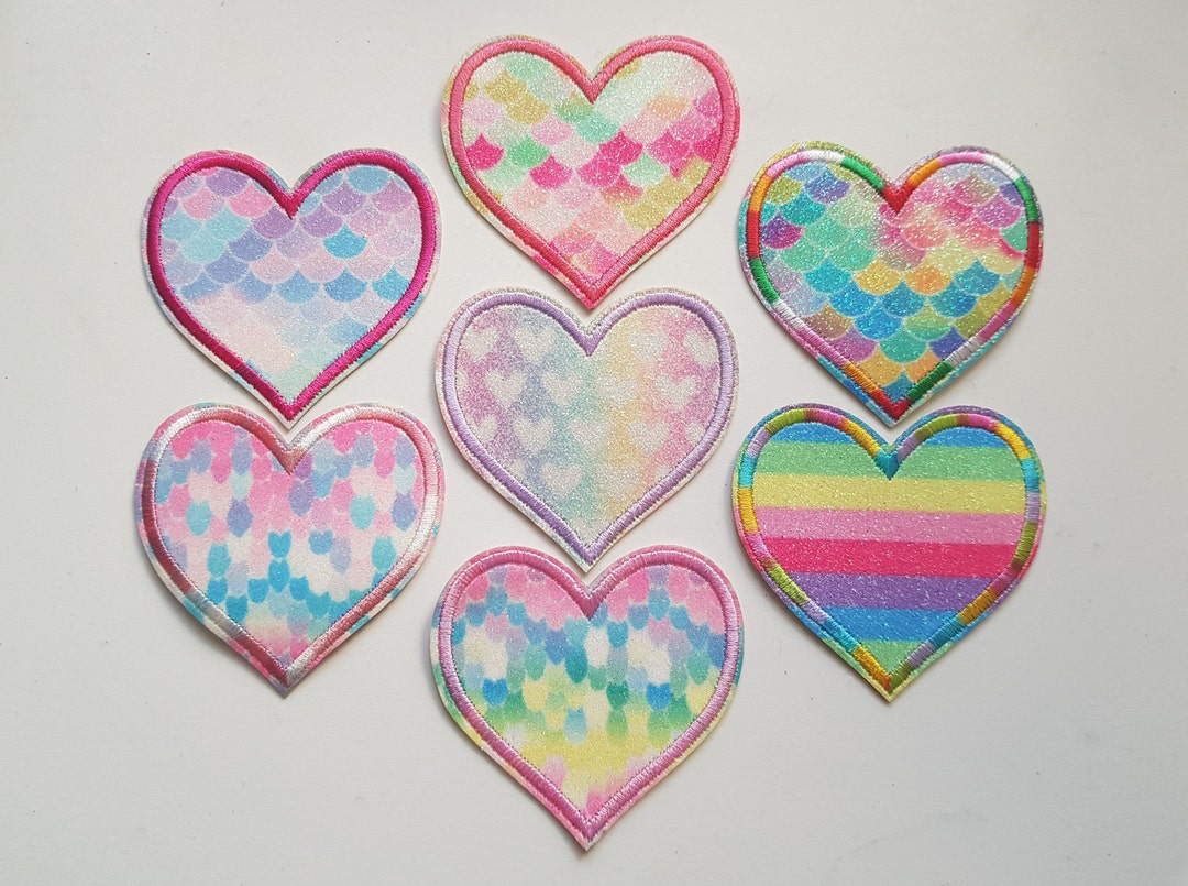 Embroidered Rainbow Pastel Glitter Heart Patches - Seven Styles ...