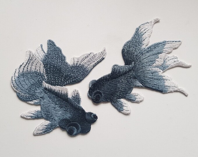 A Pair of Embroidered Fish Patches/appliques Navy Blue 8.5cm X 9cm and ...