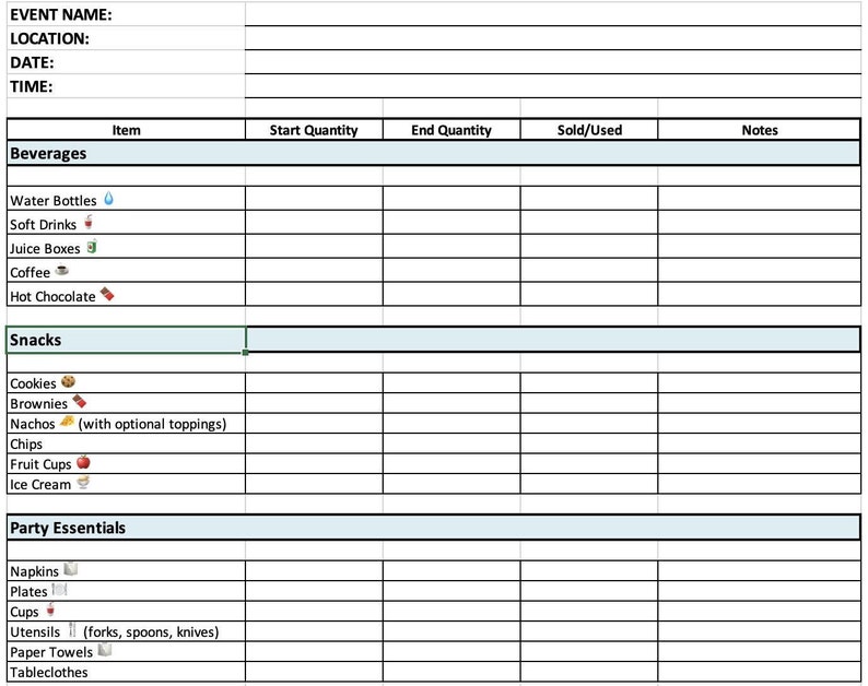 Editable Event Inventory Sheet | Food & Beverage Tracker for PTA or PTO ...