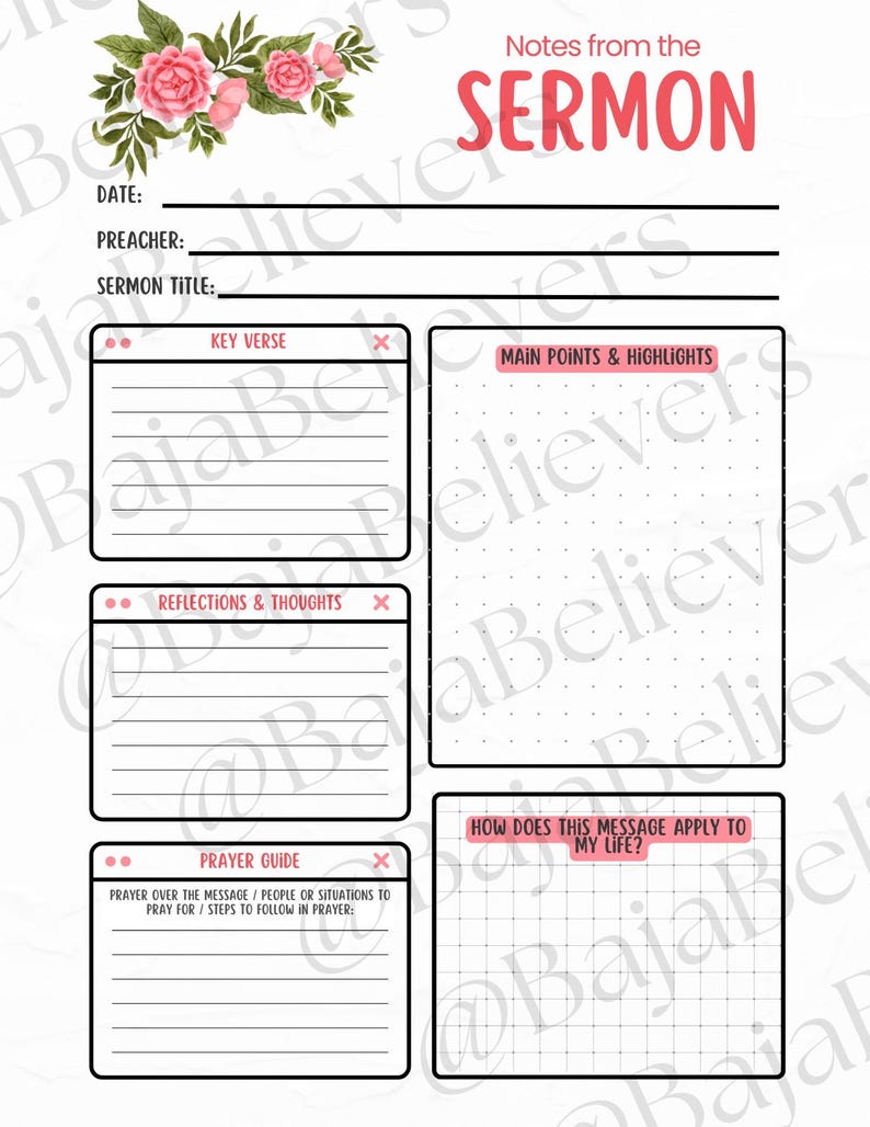 Printable Sermon Notes: Bible Study Journal Pages (US Letter & Half ...