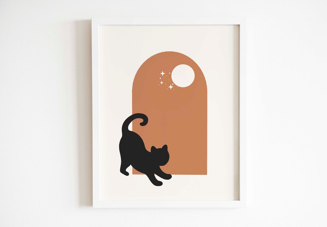 Cat Digital Print, Moon Art, Moon and Stars Minimalist Art, Nature Art ...