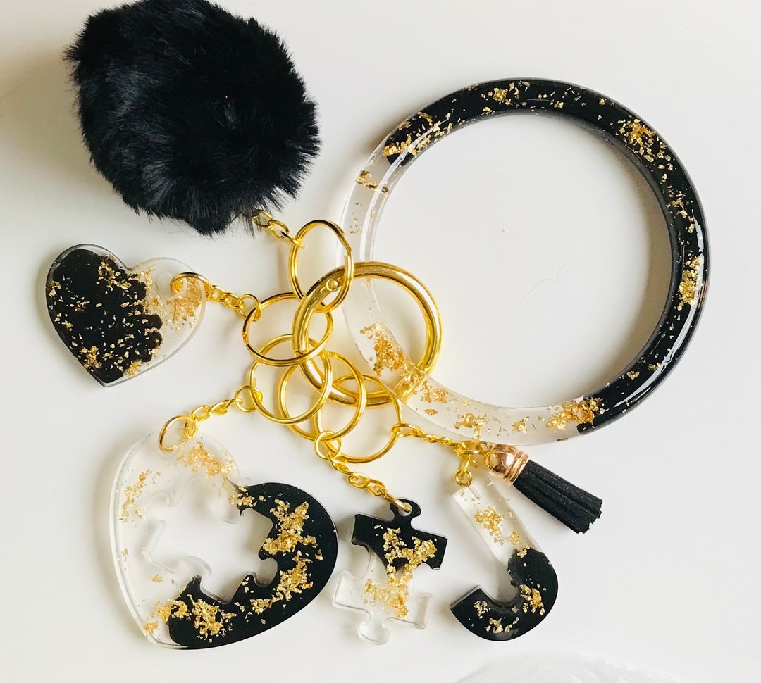Black and Gold Flakes Epoxy Key Ring Bracelet Set | Bridal Shower ...