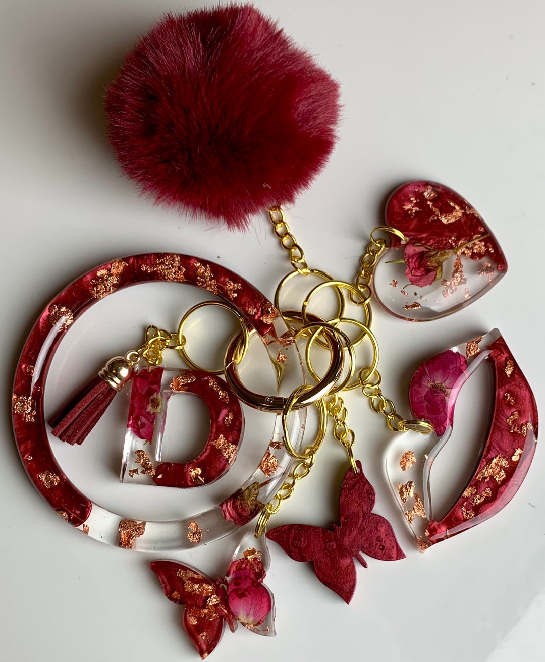 Roses & Flakes Personalized Resin Initial Keychain Bracelet Set |custom ...