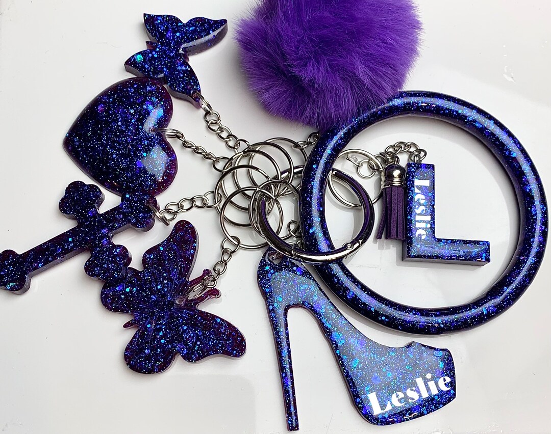 Dark Purple/blue Glitter Keychain Bracelet personalized Resin Initial ...