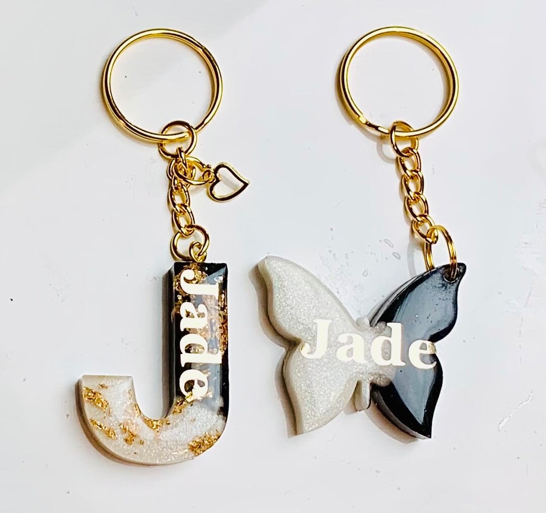 Black/white & Gold Flakes Letter Resin Keychain - Etsy