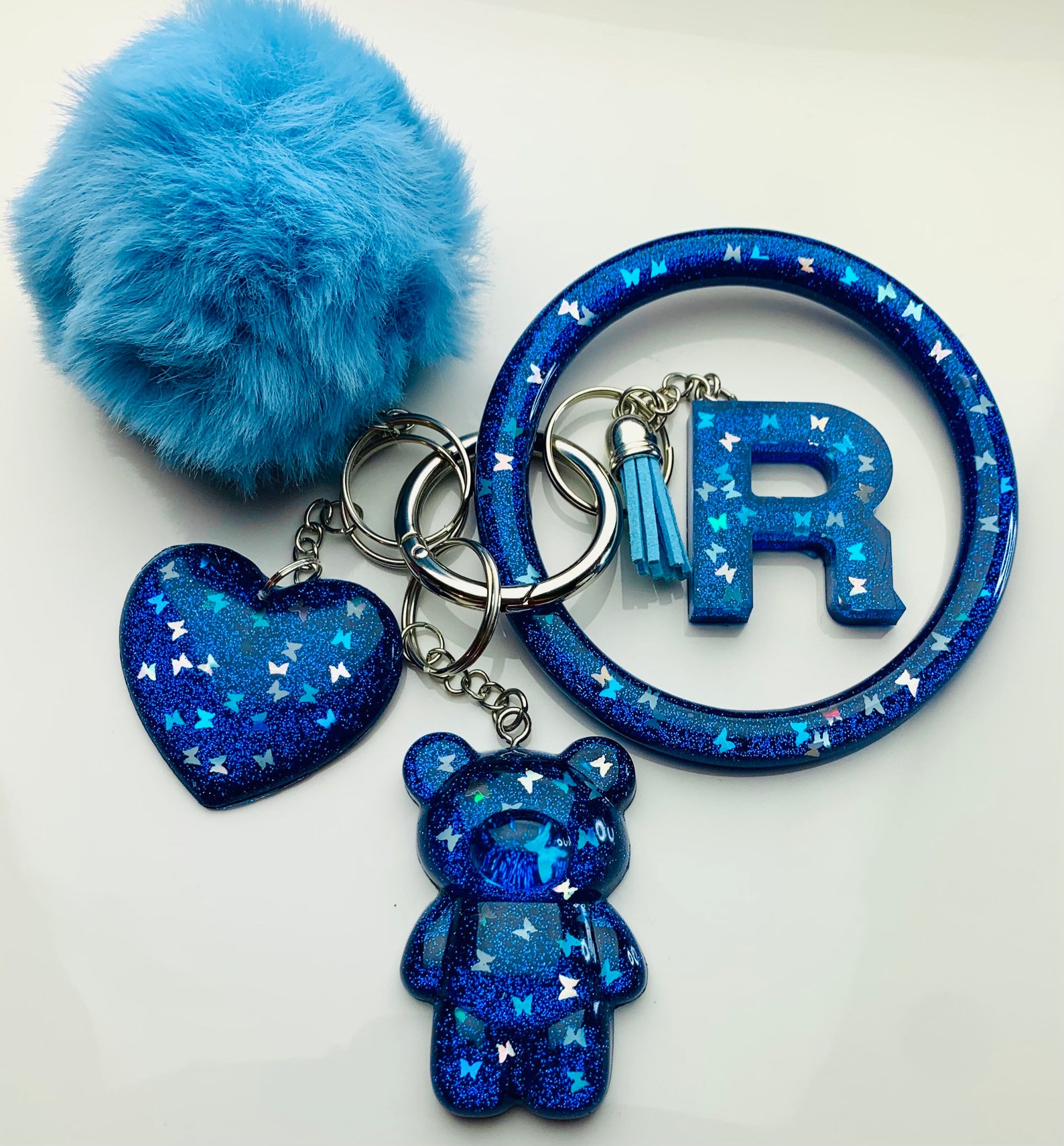 Sparkling Blue Butterflies Personalized Resin Initial Keychain ...