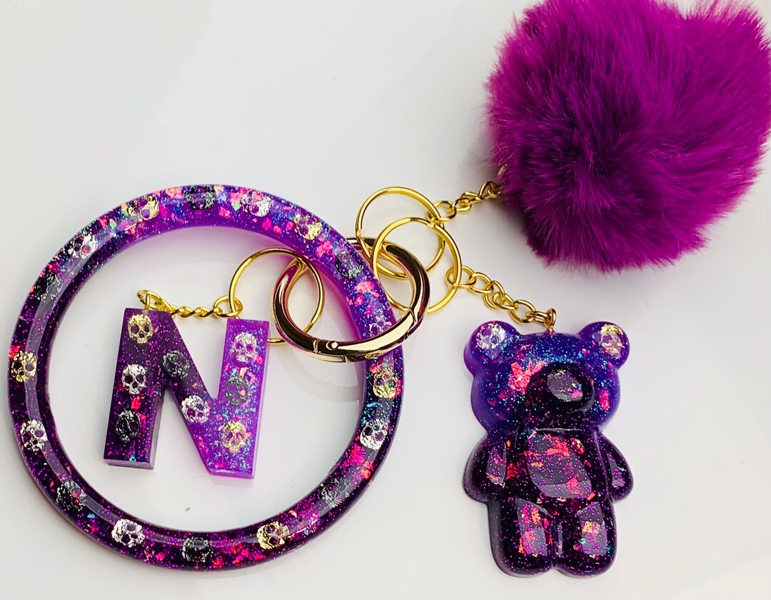 Glitter Purple & Skulls Themepersonalized Resin Initial Keychain Set ...