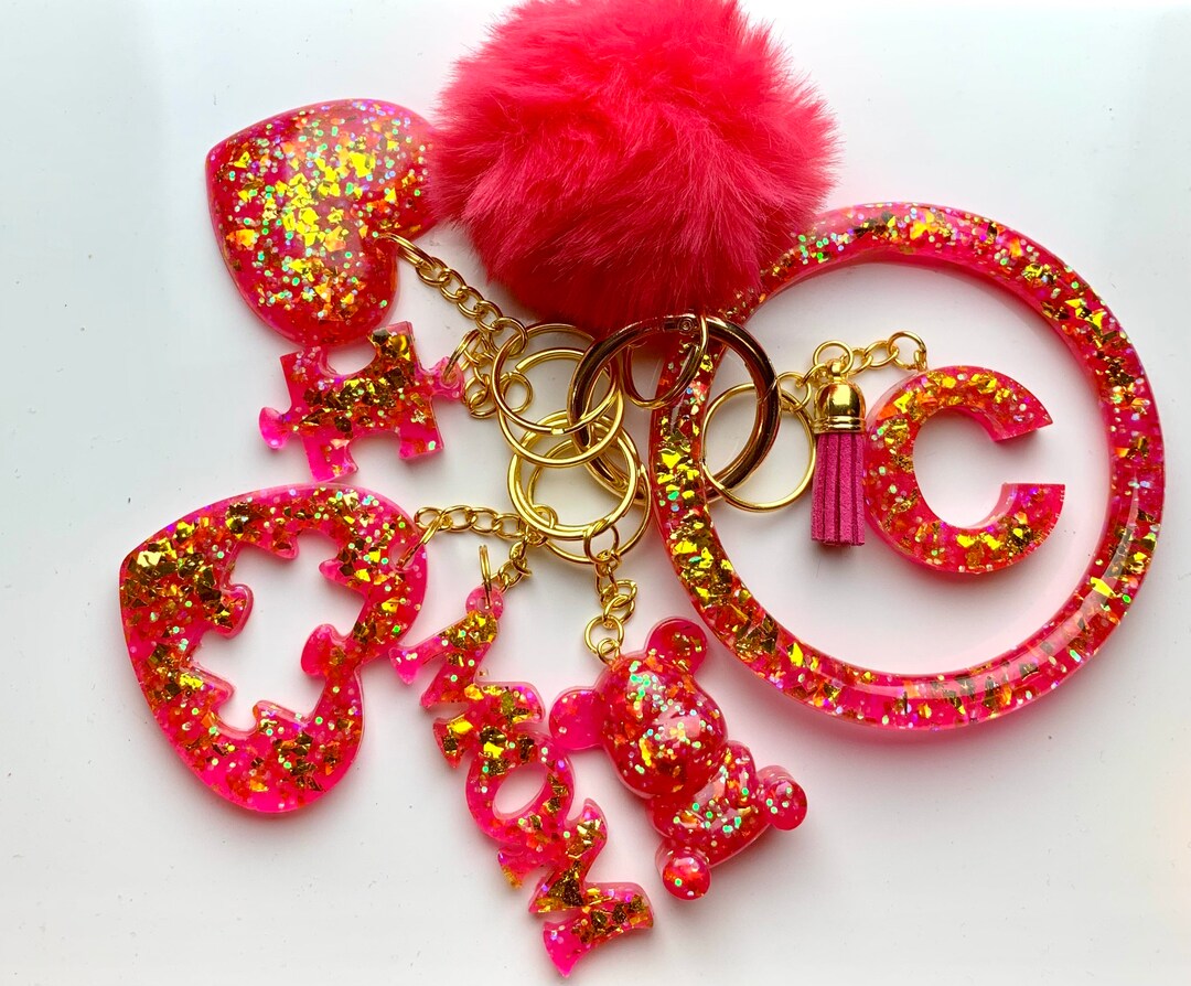 Sparkling Hot Pink With Gold Flakes Personalized Resin Initial Keychain ...