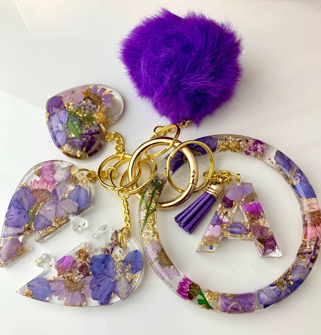Purple Floral Personalized Resin Initial Keychain Bracelet Set |custom ...