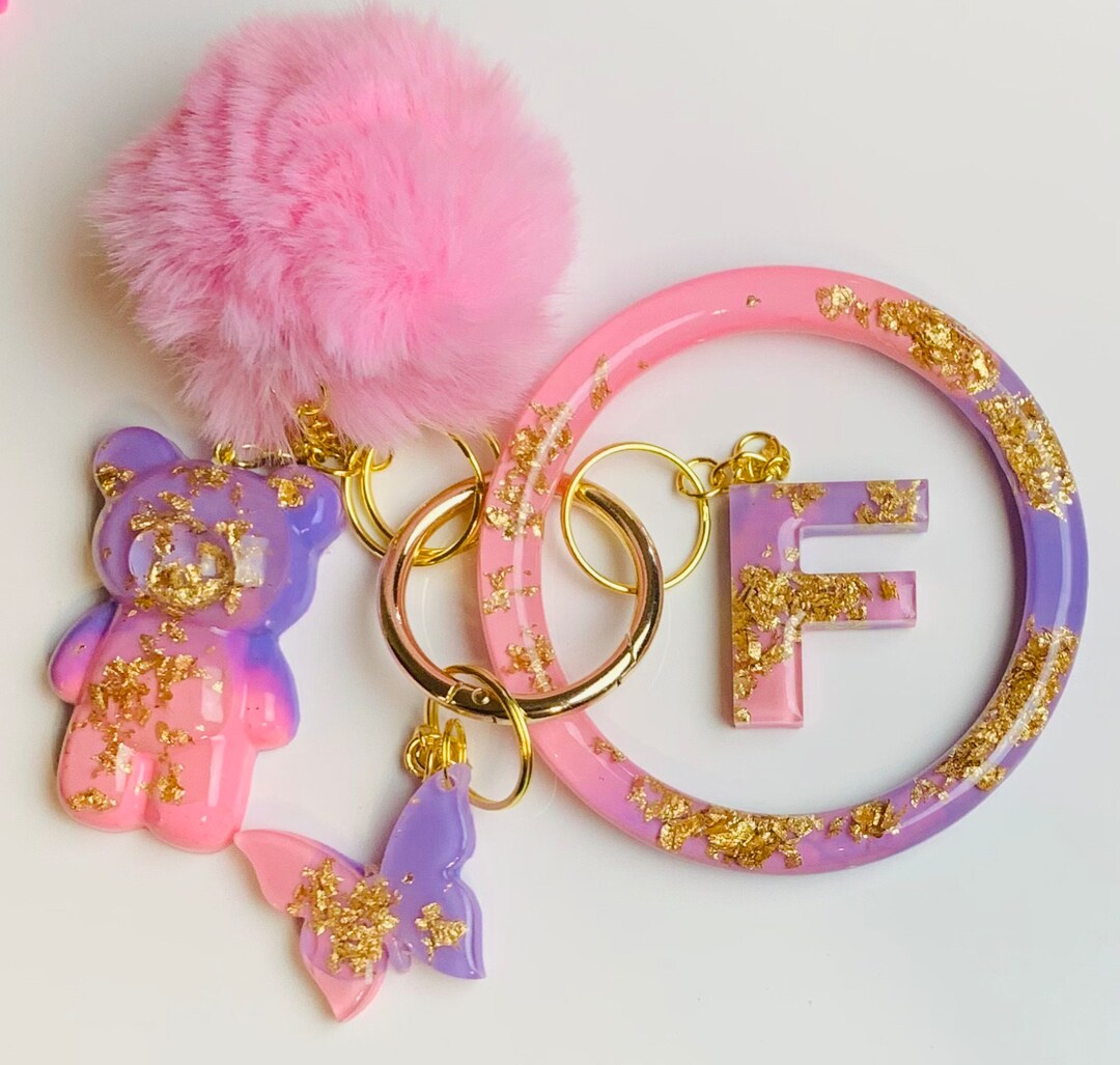 Purple & Pink Gold Flakes Personalized Resin Initial Keychain Bracelet ...