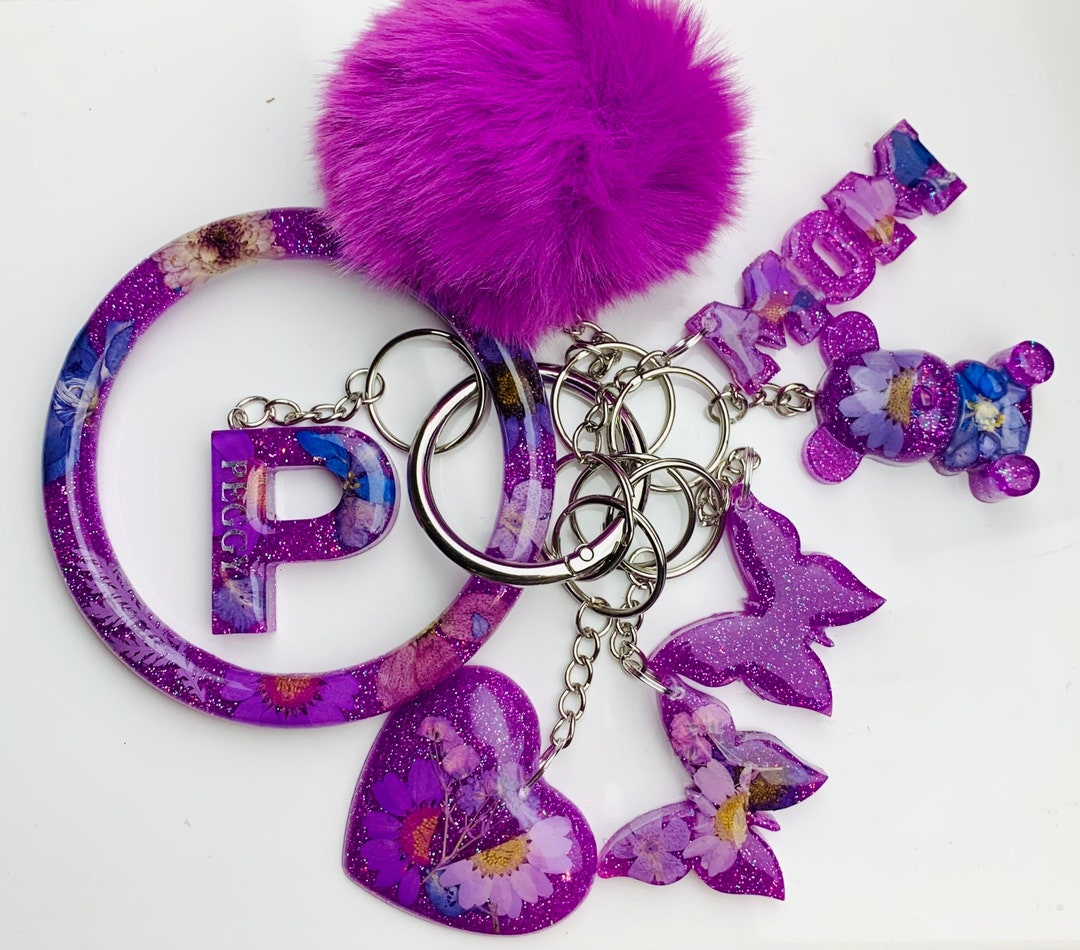 Sparkling Purple Floral Keychain Bracelet Set Personalized Resin ...
