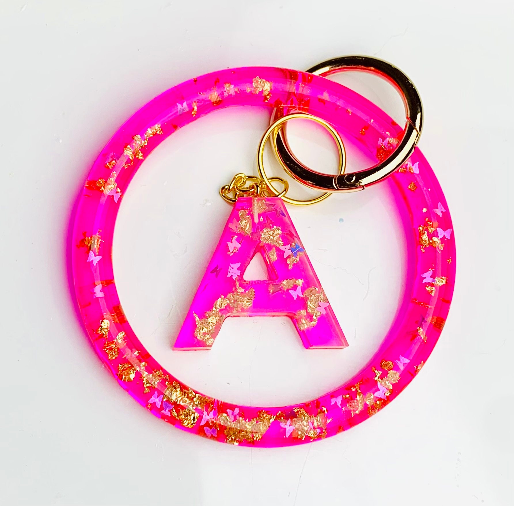 Hot Pink & Gold Flakes Personalized Resin Initial Keychain Set Wedding ...