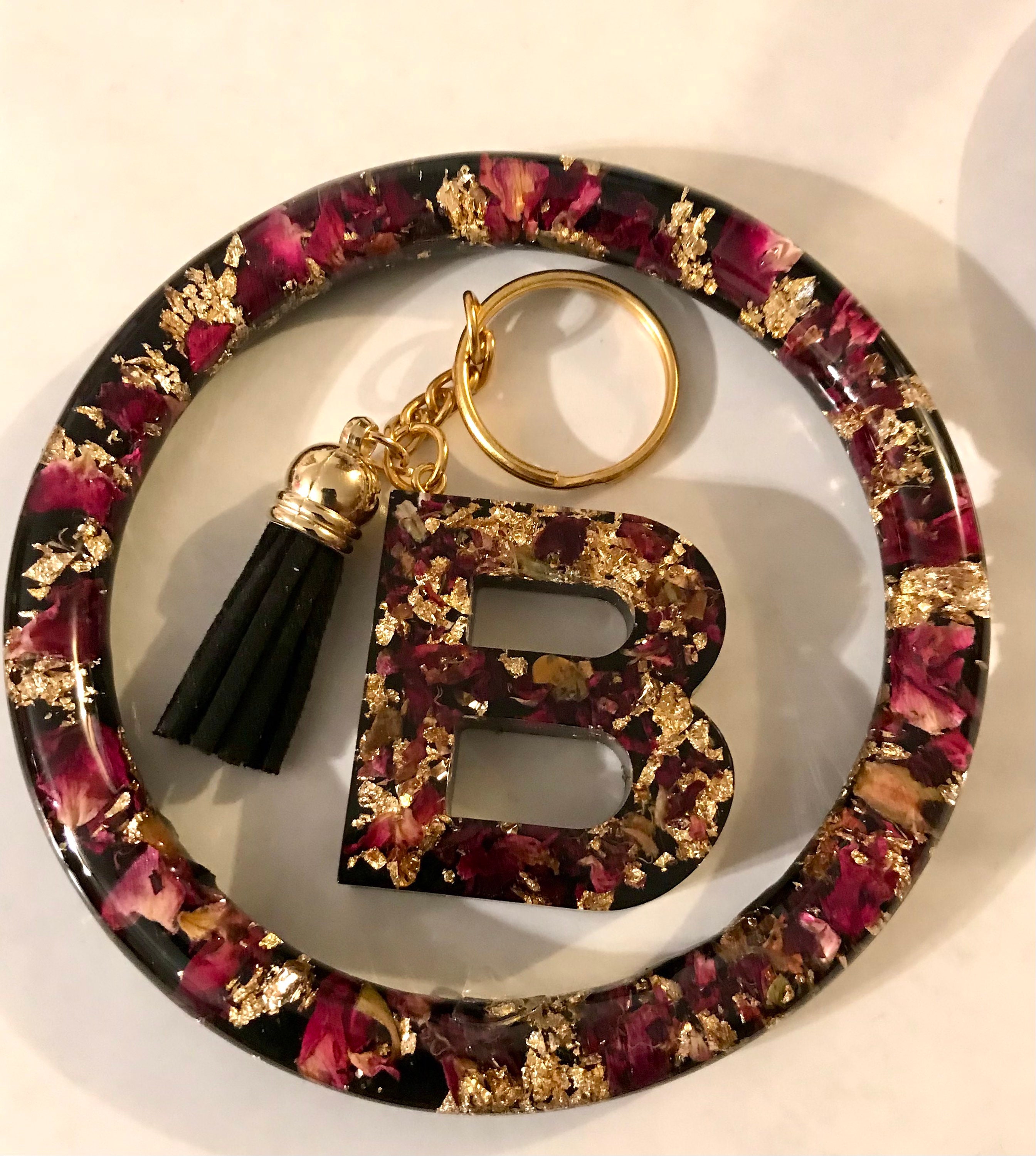 Black Rose Gold Personalized Resin Initial Keychain Set | Etsy