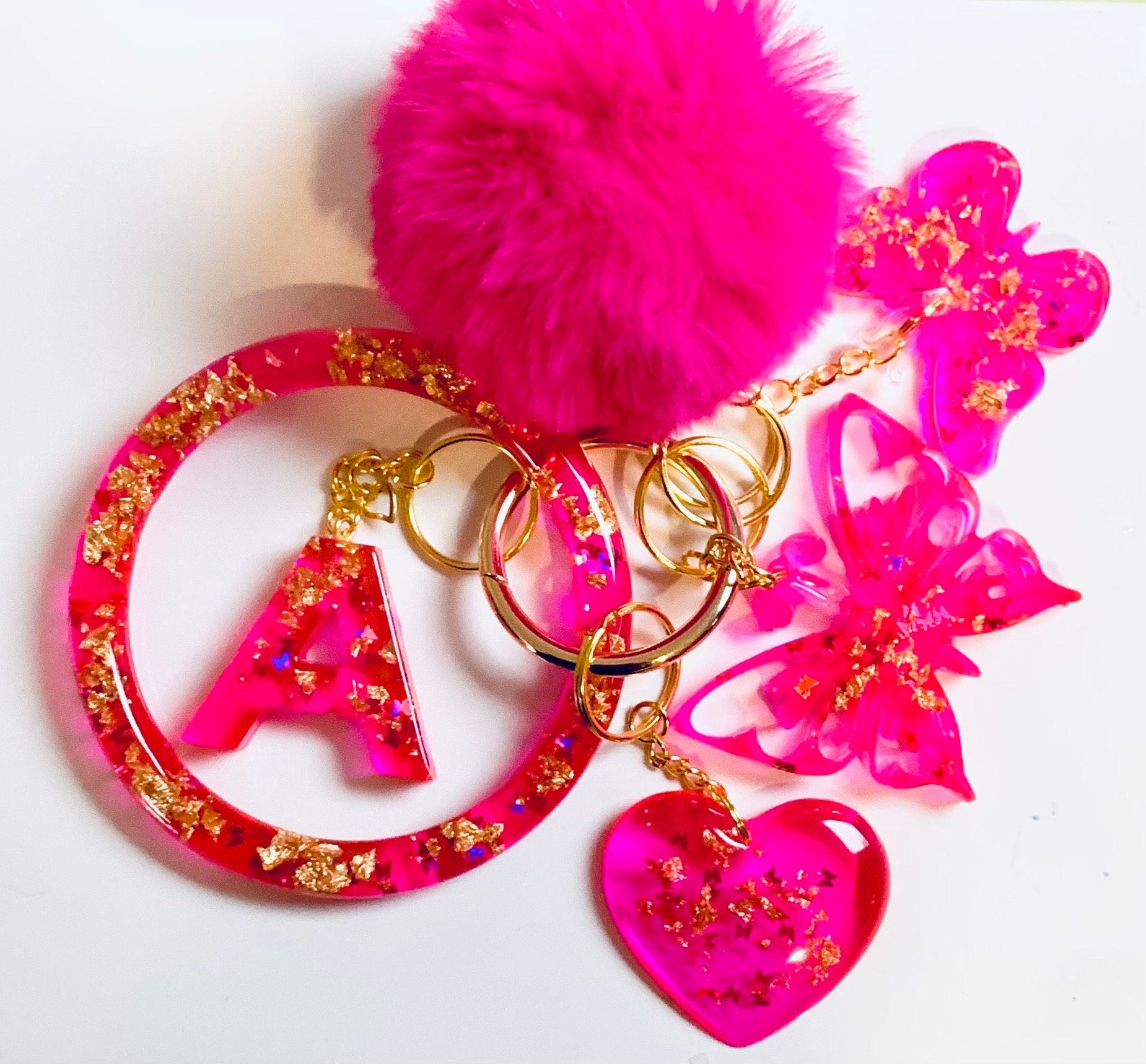 Hot Pink & Gold Flakes Personalized Resin Initial Keychain Set Wedding ...