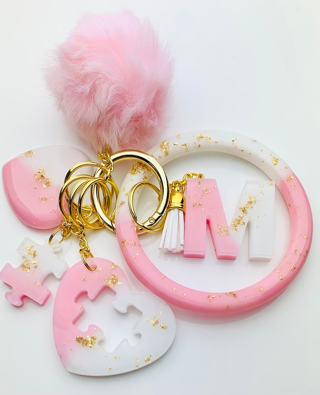 Pink/white/gold Flakes Personalized Resin Initial Keychain Bracelet Set ...