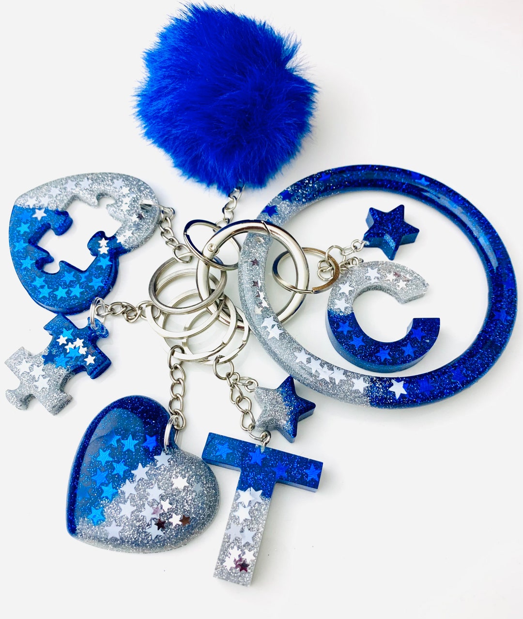 Blue & White Glitter Personalized Resin Initial Keychain Setcustom ...