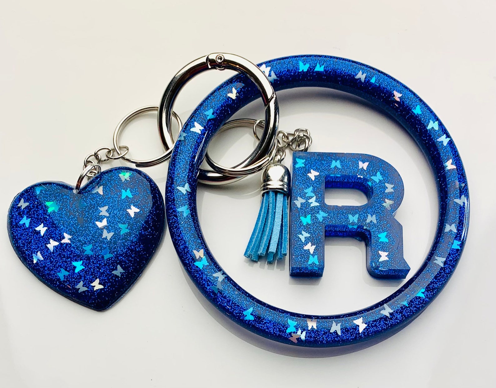 Sparkling Blue Butterflies Personalized Resin Initial Keychain ...