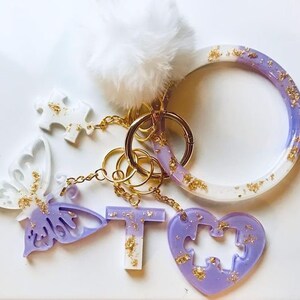 Purple & White Personalized Resin Initial Keychain Bracelet Set |custom ...