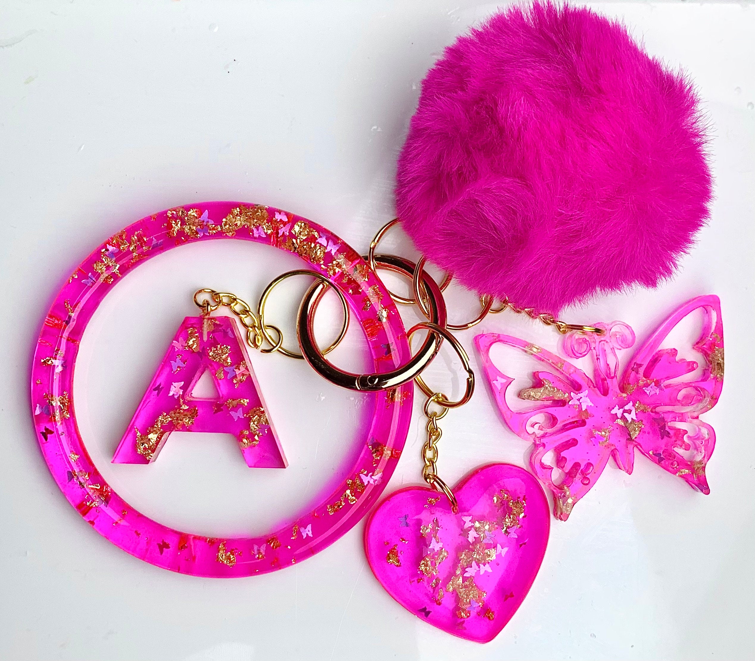 Hot Pink & Gold Flakes Personalized Resin Initial Keychain Set Wedding ...